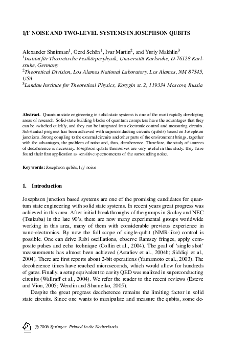 (PDF) 1/f NOISE AND TWO-LEVEL SYSTEMS IN JOSEPHSON QUBITS