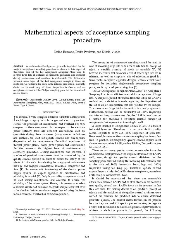 (PDF) Mathematical Aspects of Acceptance Sampling Procedure | Darko Pavlovic - Academia.edu
