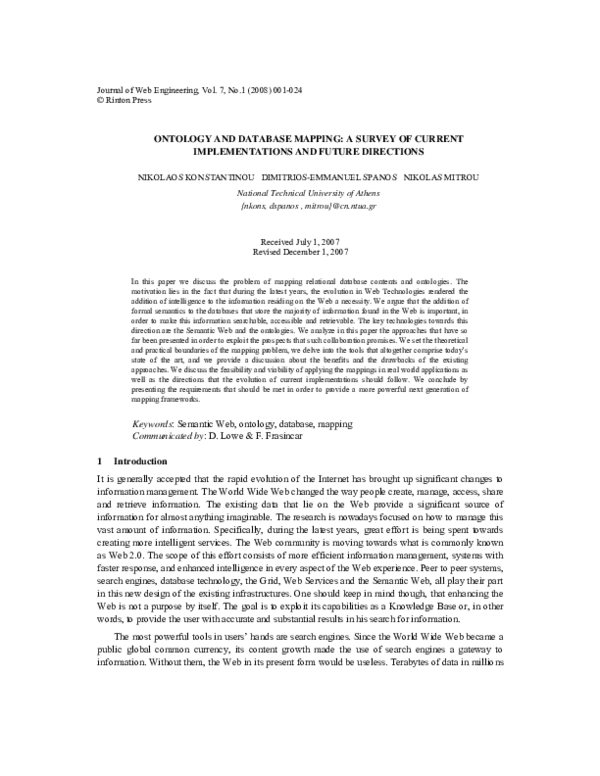 (PDF) Ontology and database mapping: a survey of current implementations and future directions