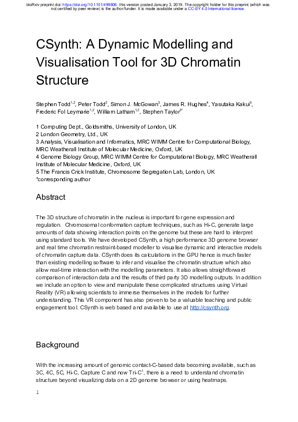 (PDF) CSynth: A Dynamic Modelling and Visualisation Tool for 3D Chromatin Structure