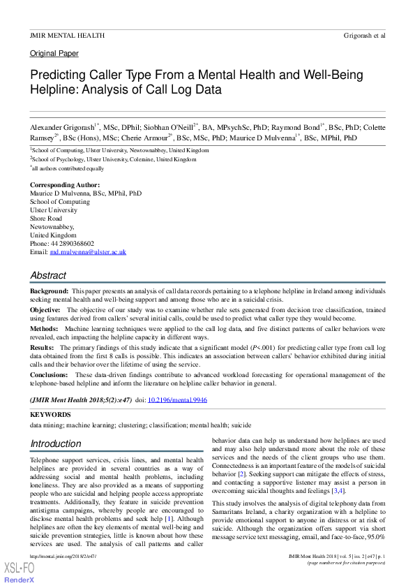 (PDF) Predicting Caller Type From a Mental Health and Well-Being Helpline: Analysis of Call Log Data