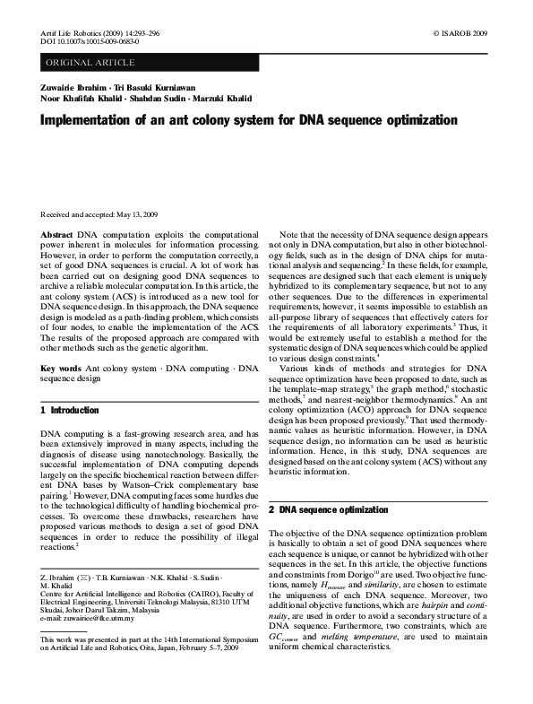 (PDF) Implementation of an ant colony system for DNA sequence optimization