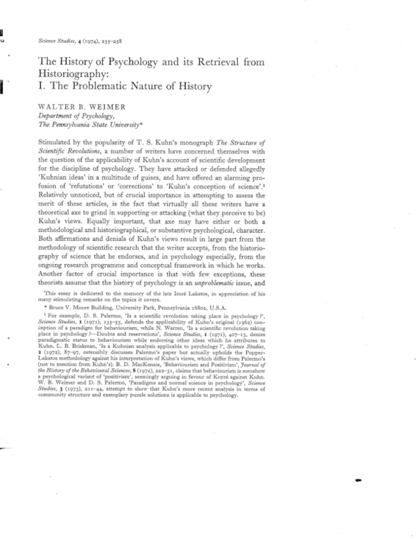 (PDF) The History of Psychology and its Retrieval from Historiography: I