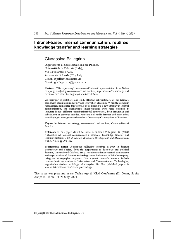 (PDF) Intranet-based internal communication: routines, knowledge transfer and learning strategies