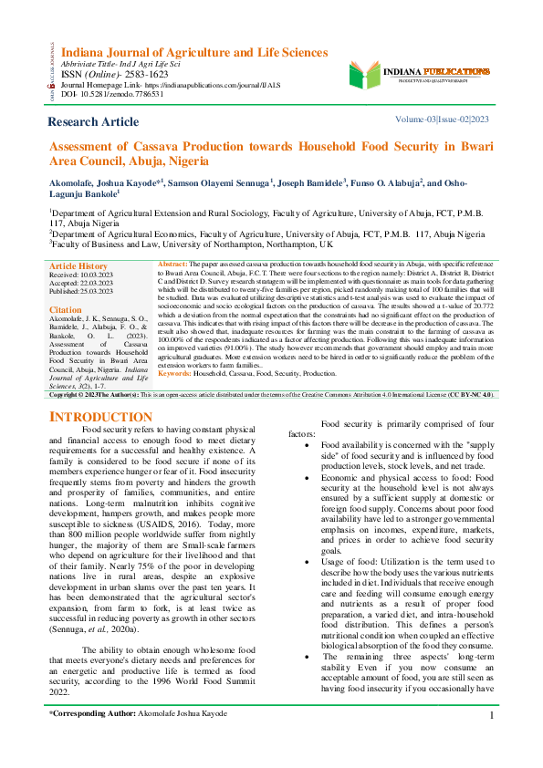 (PDF) Assessment of Cassava Production towards Household Food Security ...
