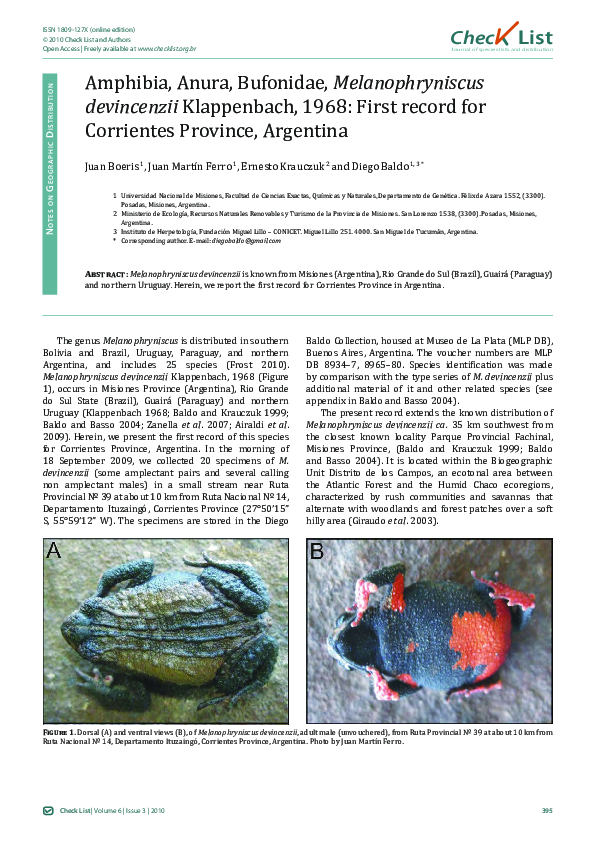 (PDF) Amphibia, Anura, Bufonidae, Melanophryniscus krauczuki: geographic distribution map and ...