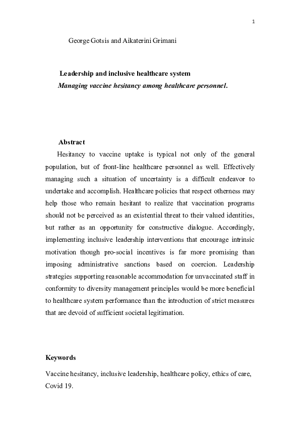 Gotsis, G., Grimani, A. (2024). Leadership and Inclusive Healthcare ...