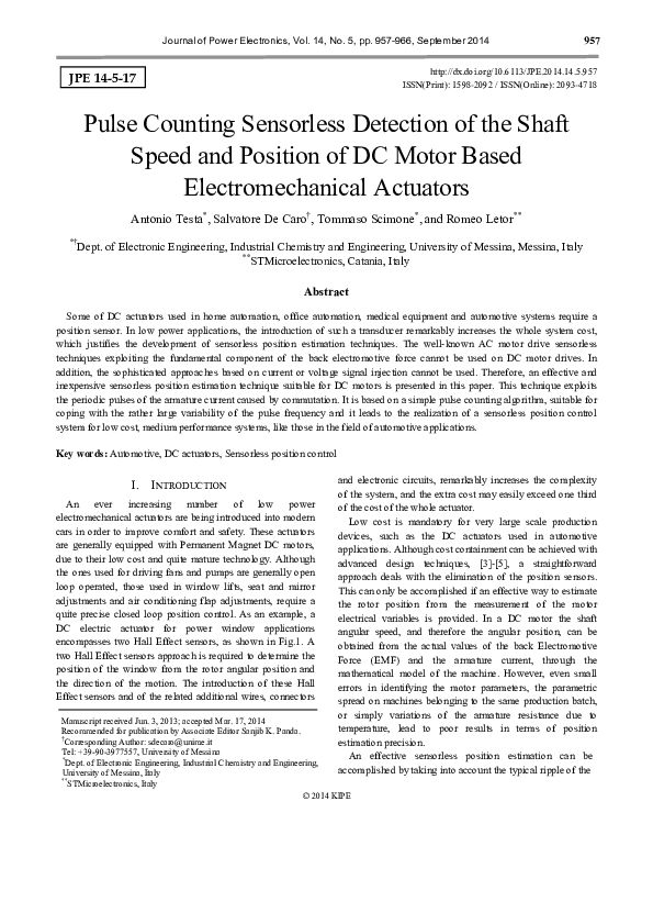(PDF) Pulse Counting Sensorless Detection of the Shaft Speed and Position of DC Motor Based ...