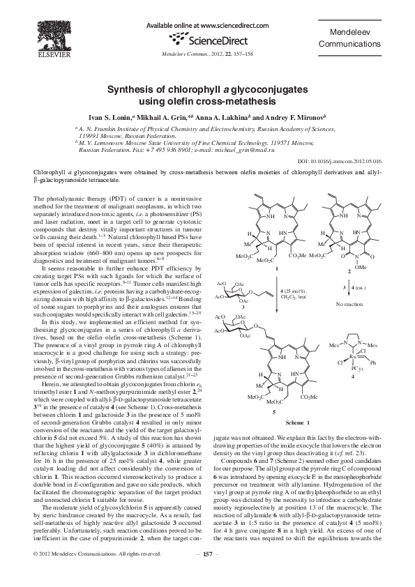 (PDF) Synthesis of chlorophyll a glycoconjugates using olefin cross ...