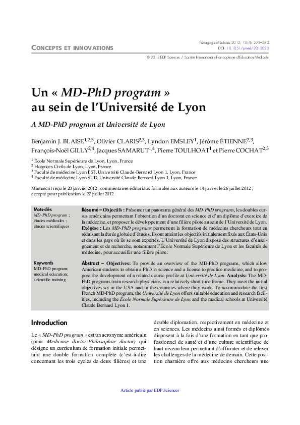 (PDF) Un « MD-PhD program » au sein de l’Université de Lyon | Pierre ...