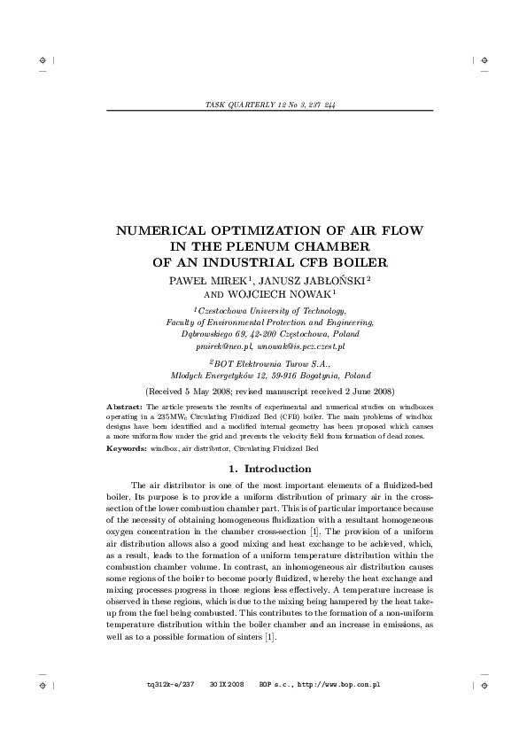 (PDF) Numerical Optimization of Air Flow in the Plenum Chamber of an Industrial CFB Boiler