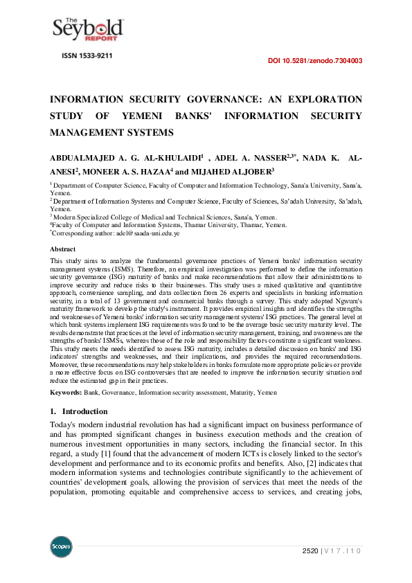 (PDF) Information Security Governance: An Exploration Study of Yemeni Banks' Information ...