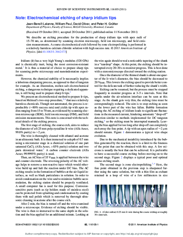 (PDF) Note: electrochemical etching of sharp iridium tips