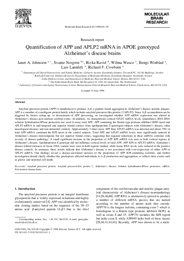 (PDF) Quantification of APP and APLP2 mRNA in APOE genotyped Alzheimer's disease brains