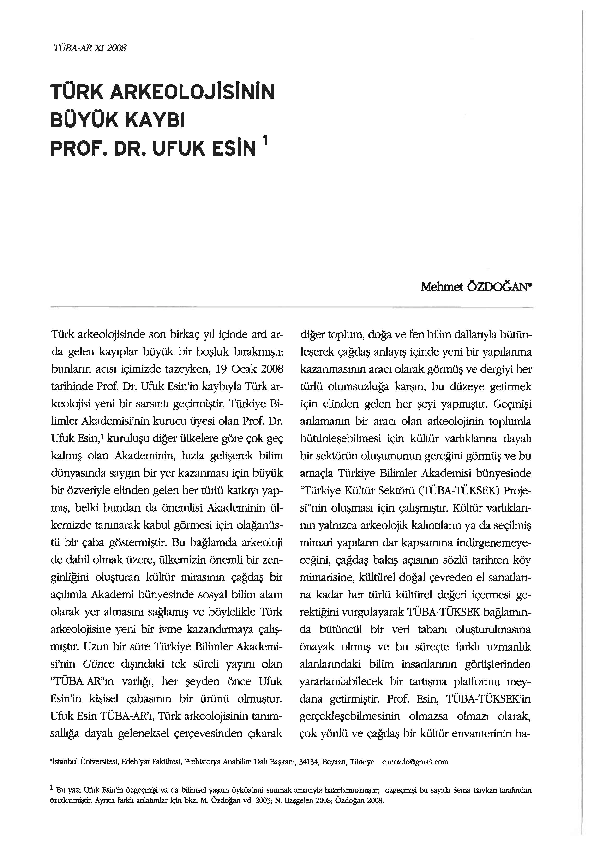 (PDF) Türk Arkeoloji̇si̇ni̇n Büyük Kaybi Prof. Dr. Ufuk Esi̇n