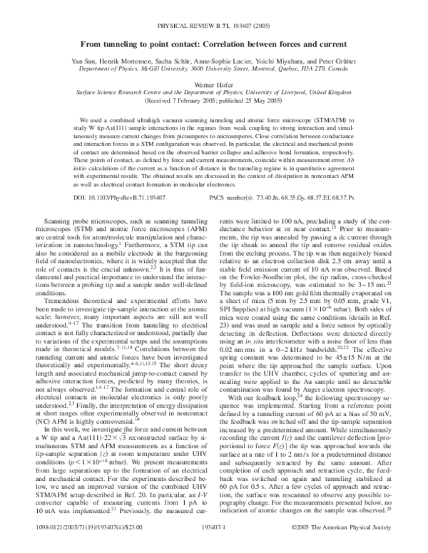 (PDF) From tunneling to point contact: Correlation between forces and ...