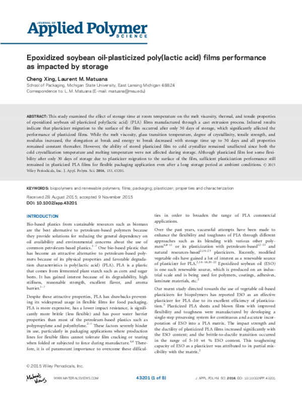(PDF) Epoxidized soybean oil-plasticized poly(lactic acid) films ...