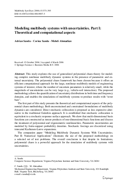 (PDF) Modeling Multibody Systems with Uncertainties. Part I ...