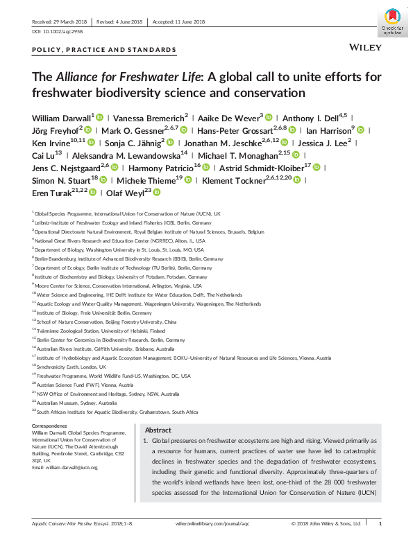 (PDF) The Alliance for Freshwater Life: A global call to unite efforts ...