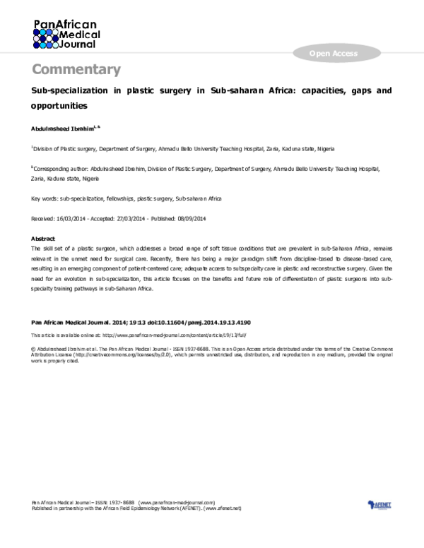 (PDF) Sub-specialization in plastic surgery in Sub-saharan Africa ...