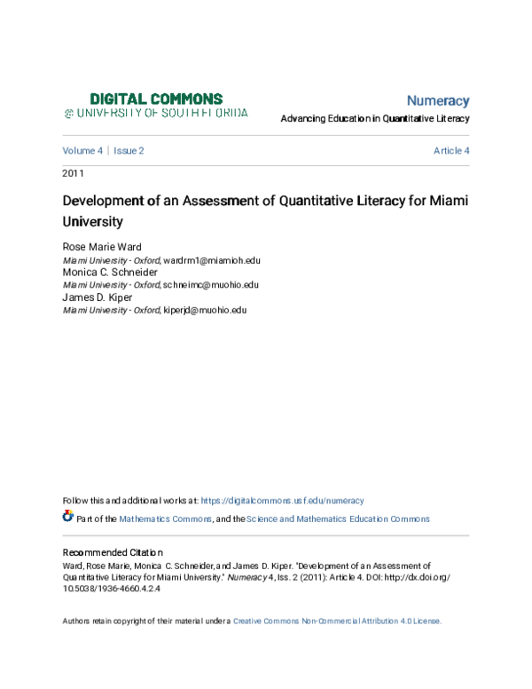 (PDF) Development of an Assessment of Quantitative Literacy for Miami ...