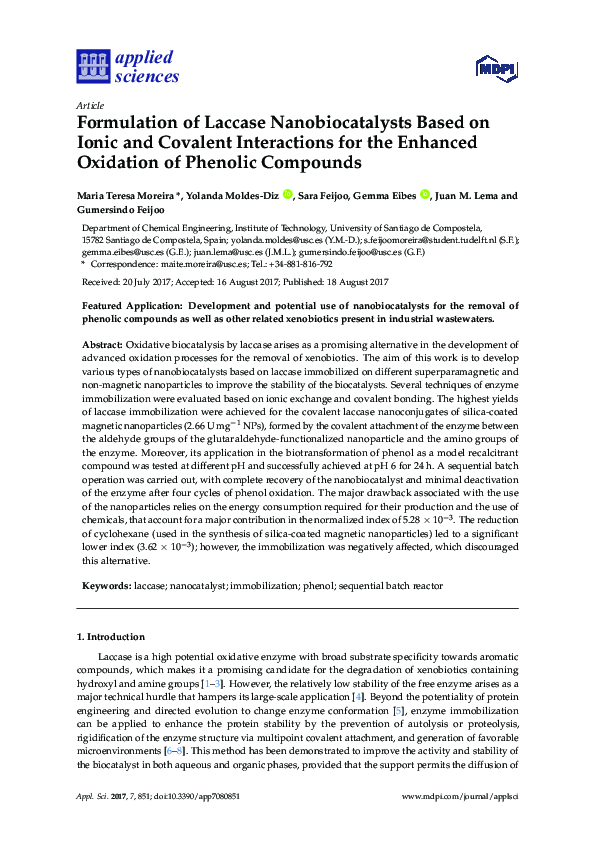 (PDF) Formulation of Laccase Nanobiocatalysts Based on Ionic and Covalent Interactions for the ...