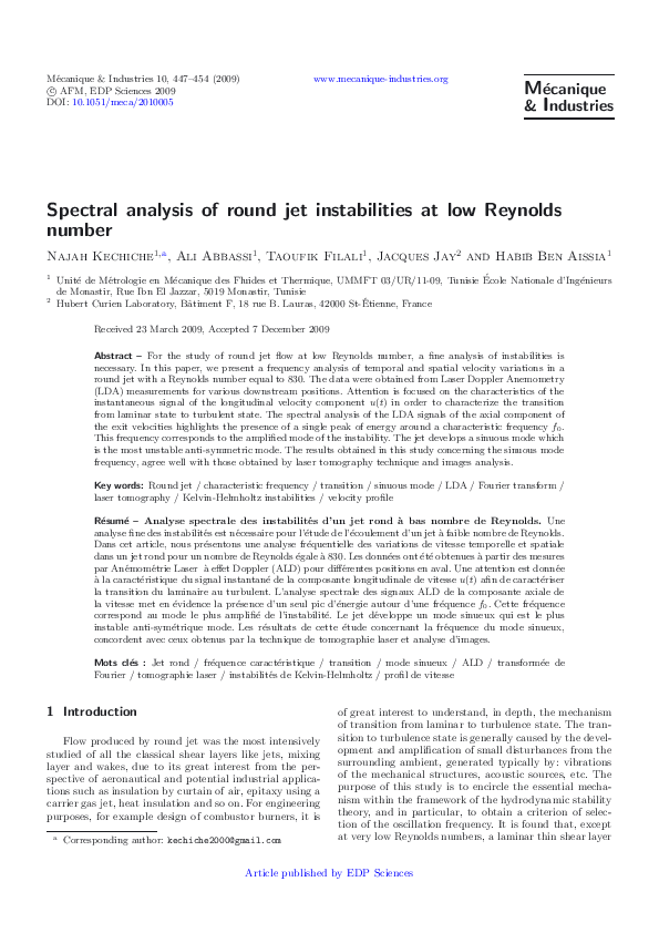 (PDF) Spectral analysis of round jet instabilities at low Reynolds number