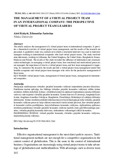 (PDF) The Management of a Virtual Project Team in an International ...