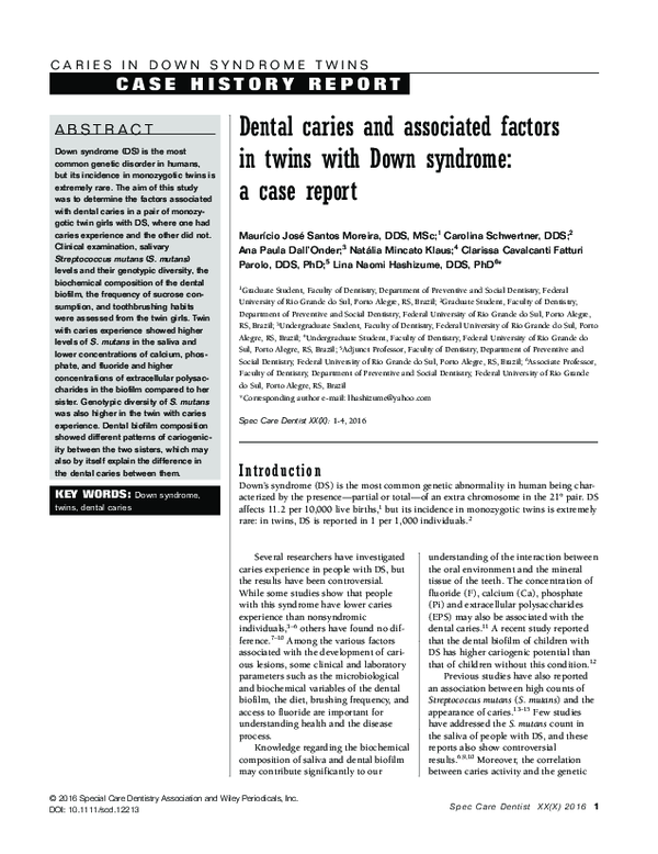 (PDF) Dental caries and associated factors in twins with Down syndrome ...
