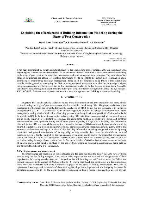 (PDF) Exploiting the effectiveness of Building Information Modeling during the Stage of Post ...