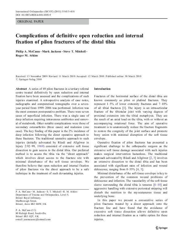 (PDF) Complications of definitive open reduction and internal fixation ...