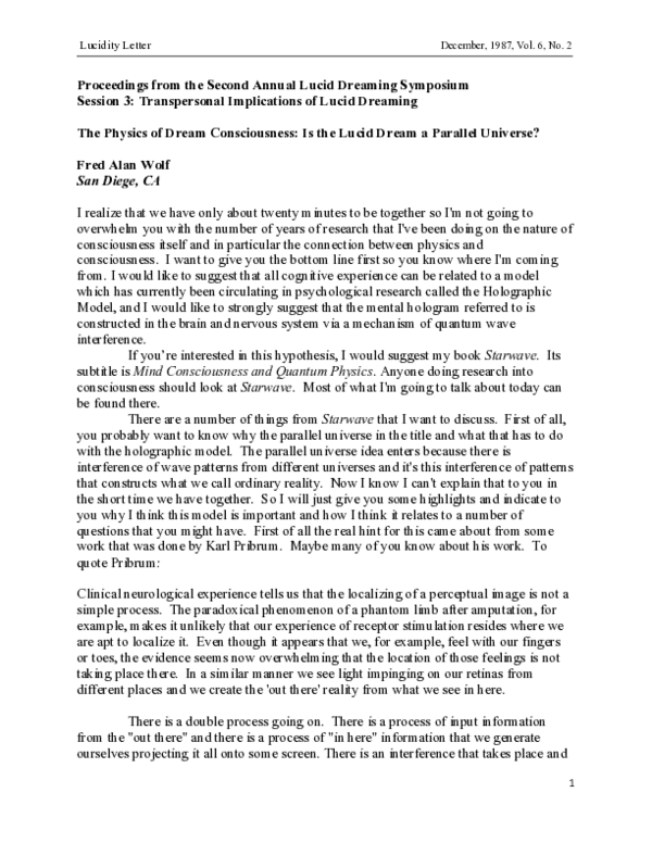 (PDF) The Physics of Dream Consciousness