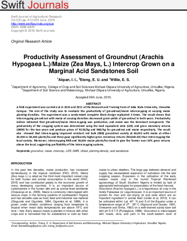 (PDF) Productivity Assessment of Groundnut (Arachis Hypogaea L.)/Maize ...