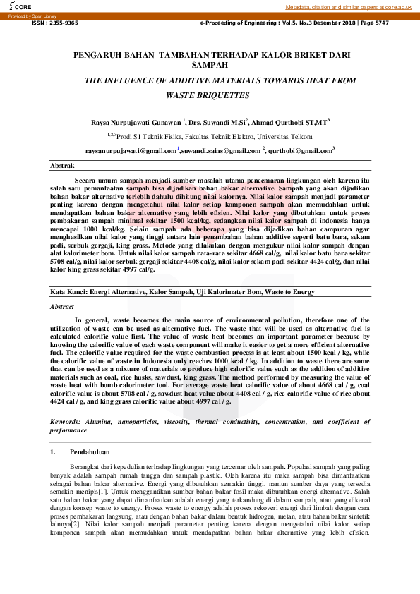 (PDF) Pengaruh Bahan Tambahan Terhadap Kalor Briket Dari Sampah