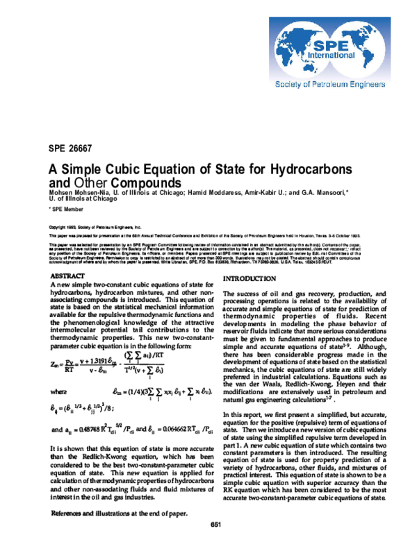 (PDF) A Simple Cubic Equation of State for Hydrocarbons and Other Compounds
