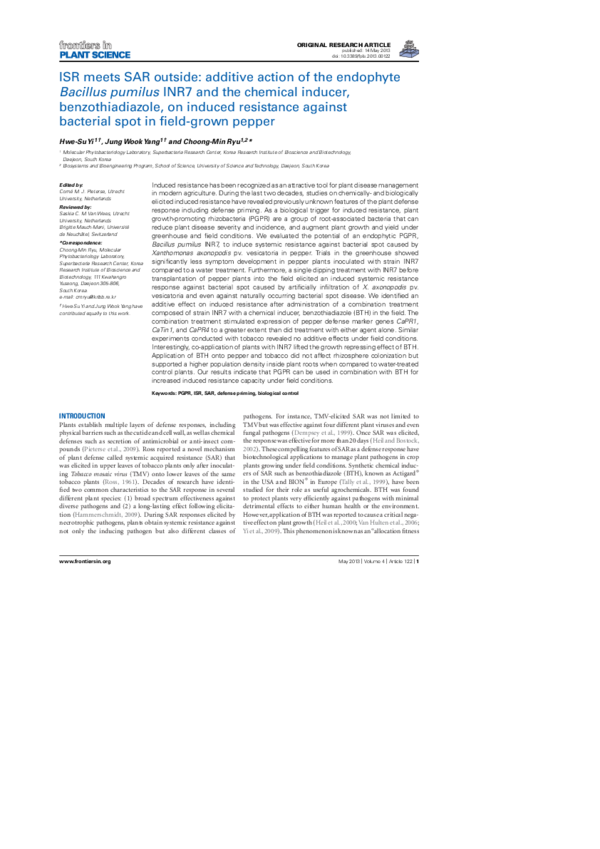 (PDF) ISR meets SAR outside: additive action of the endophyte Bacillus ...