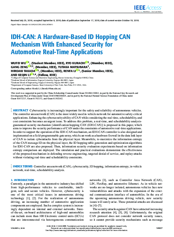 (PDF) IDH-CAN: A Hardware-Based ID Hopping CAN Mechanism With Enhanced ...