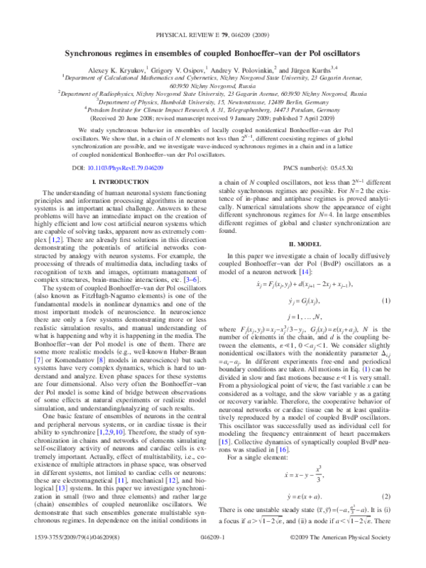Pdf Synchronous Regimes In Ensembles Of Coupled Bonhoeffer Van Der Pol Oscillators Jurgen