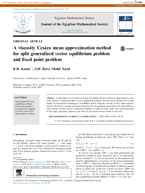 (PDF) A viscosity Cesàro mean approximation method for split generalized vector equilibrium ...
