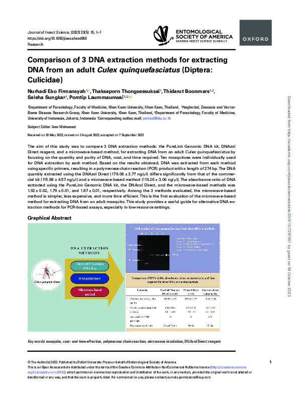 Pdf Comparison Of 3 Dna Extraction Methods For Extracting Dna From An Adult Culex