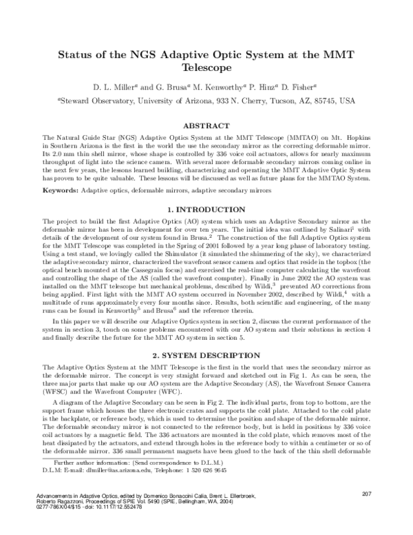 (PDF) Status of the NGS adaptive optic system at the MMT Telescope