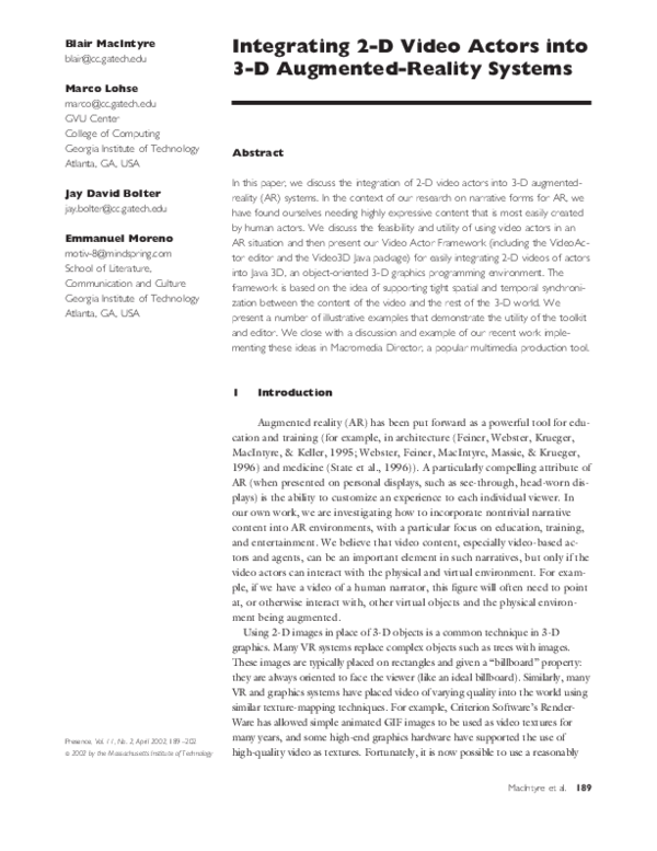 (PDF) Integrating 2-D Video Actors into 3-D Augmented-Reality Systems
