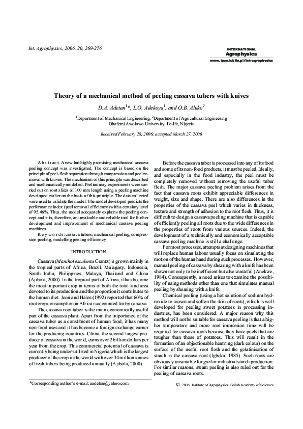 (PDF) Theory of a mechanical method of peeling cassava tubers with knives