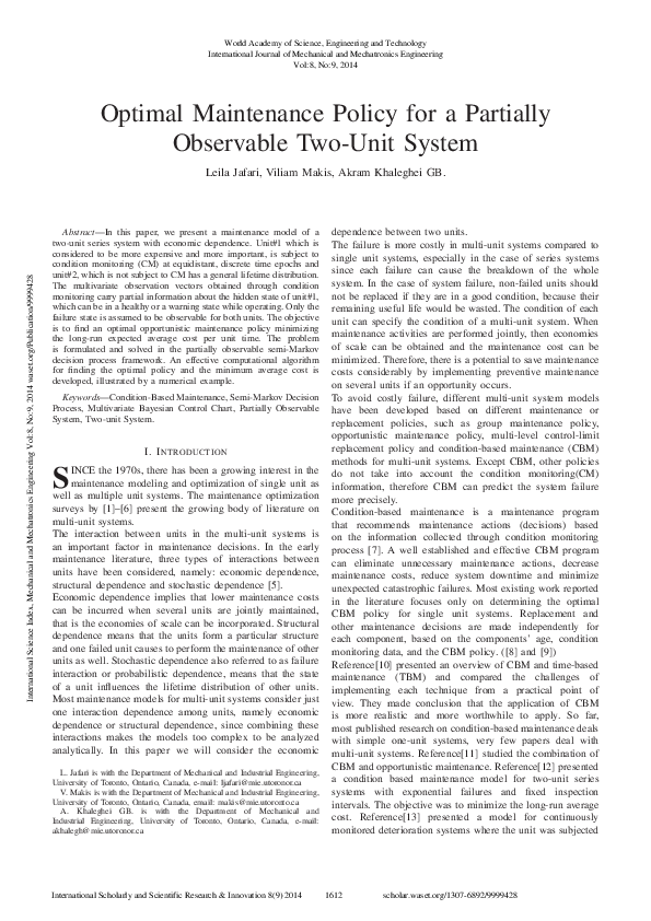 (PDF) Optimal Maintenance Policy for a Partially Observable Two-Unit System