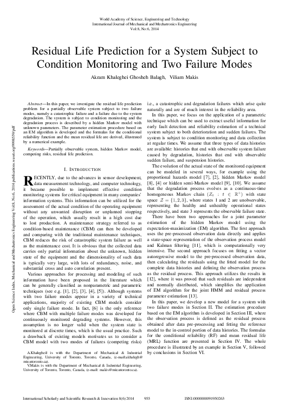 (PDF) Residual Life Prediction for a System Subject to Condition ...