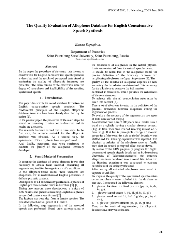 (PDF) The Quality Evaluation of Allophone Database for English Concatenative Speech Synthesis