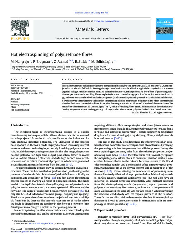 (PDF) Hot electrospinning of polyurethane fibres