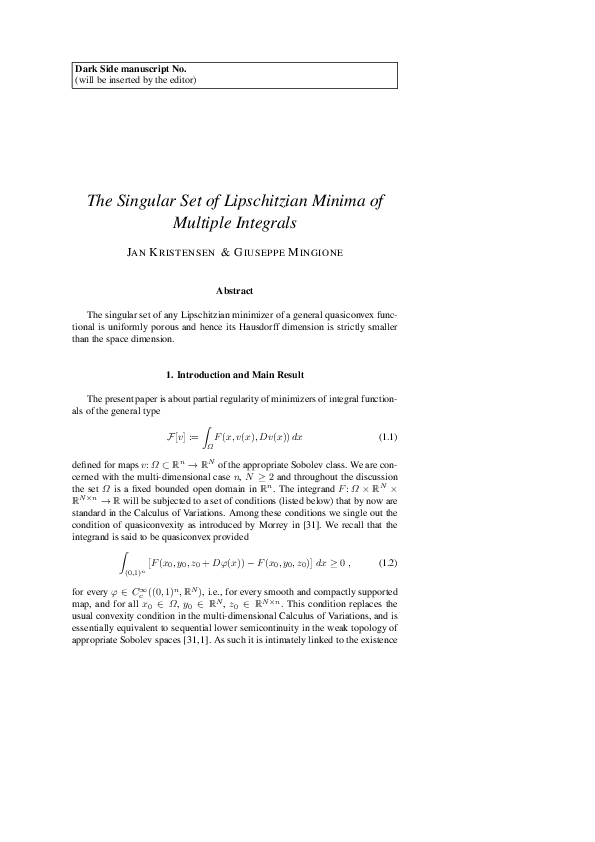 (PDF) The Singular Set of Lipschitzian Minima of Multiple Integrals