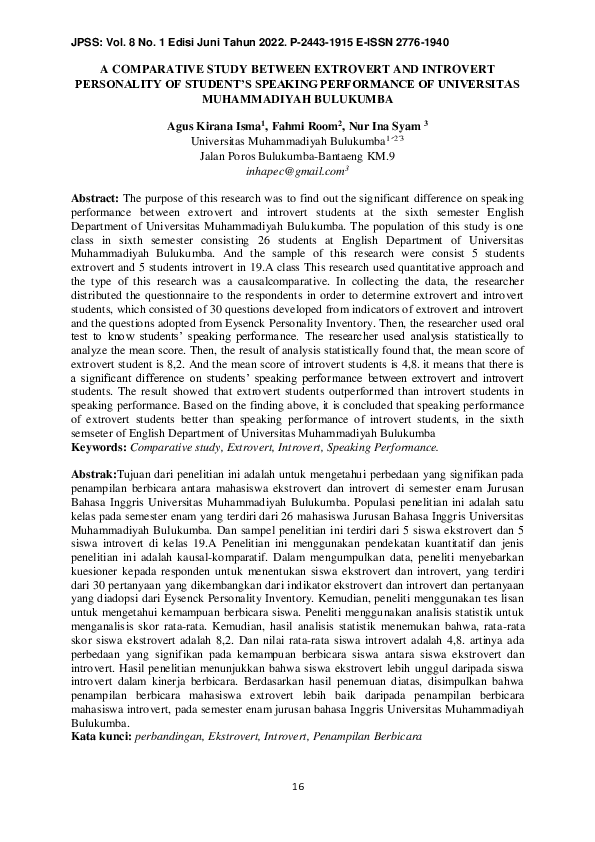 (PDF) A Comparative Study Between Extrovert and Introvert Personality of Students Speaking ...