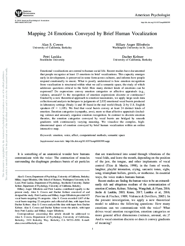 (PDF) Mapping 24 emotions conveyed by brief human vocalization